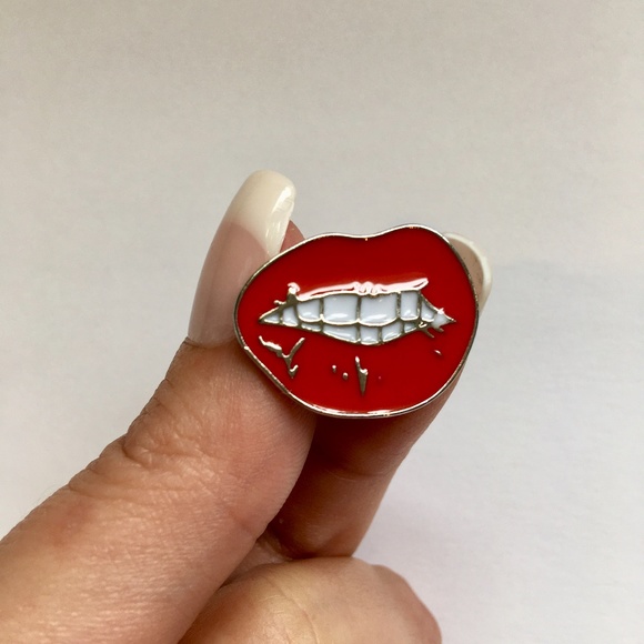 Jewelry | New Biting Lips Teeth Enamel Pin Red White Silver | Poshmark